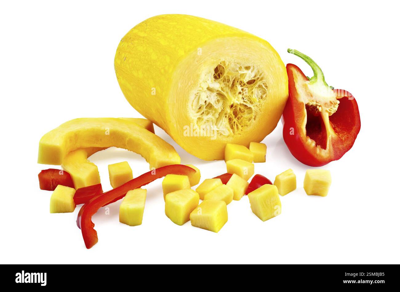 Cut The Yellow Squash And Red Bell Peppers Isolated On White Background