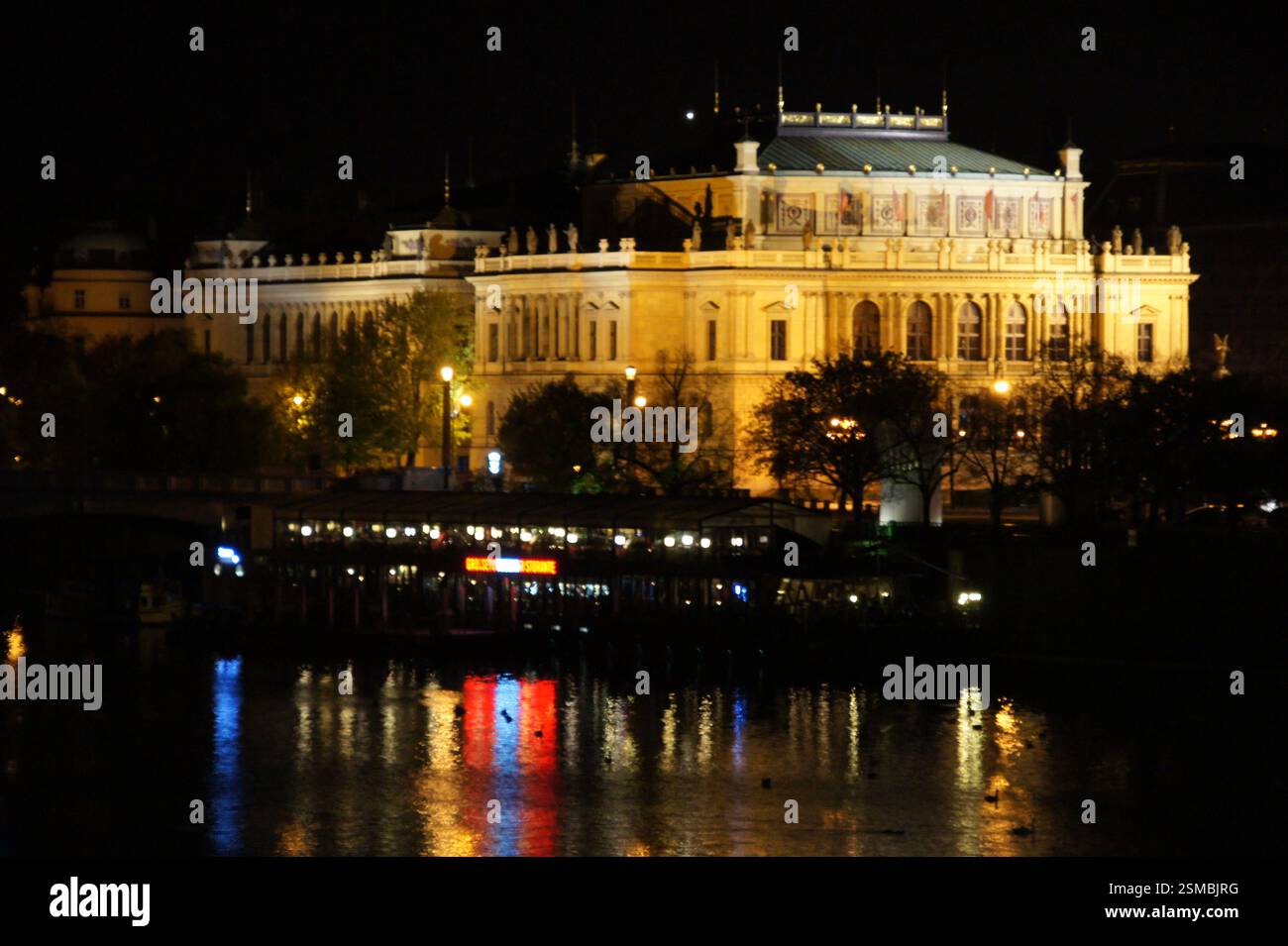 Rudolfinum, a neoclassical concert hall, stands illuminated by night ...