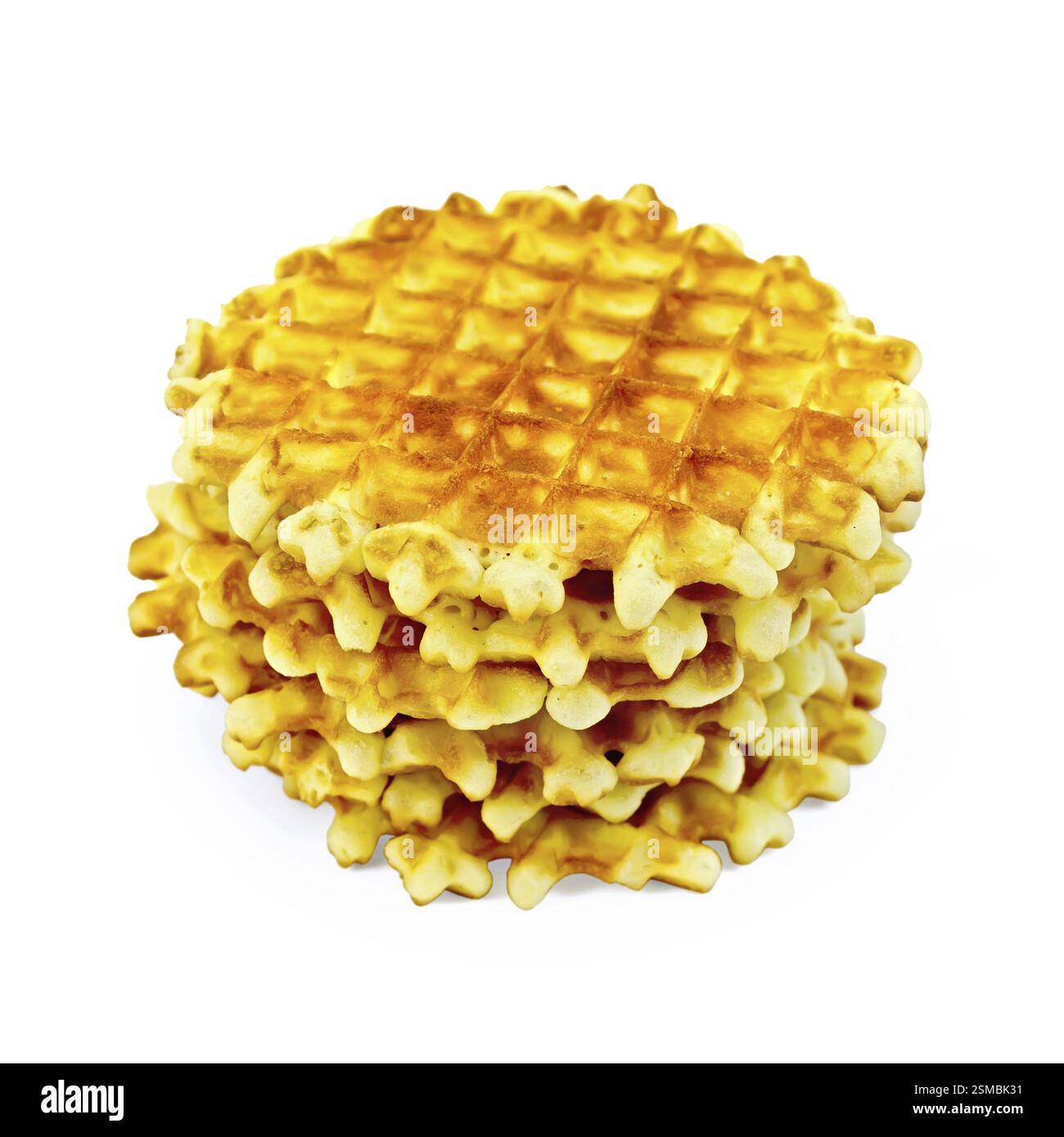 A stack of golden round waffles isolated on white background Stock ...