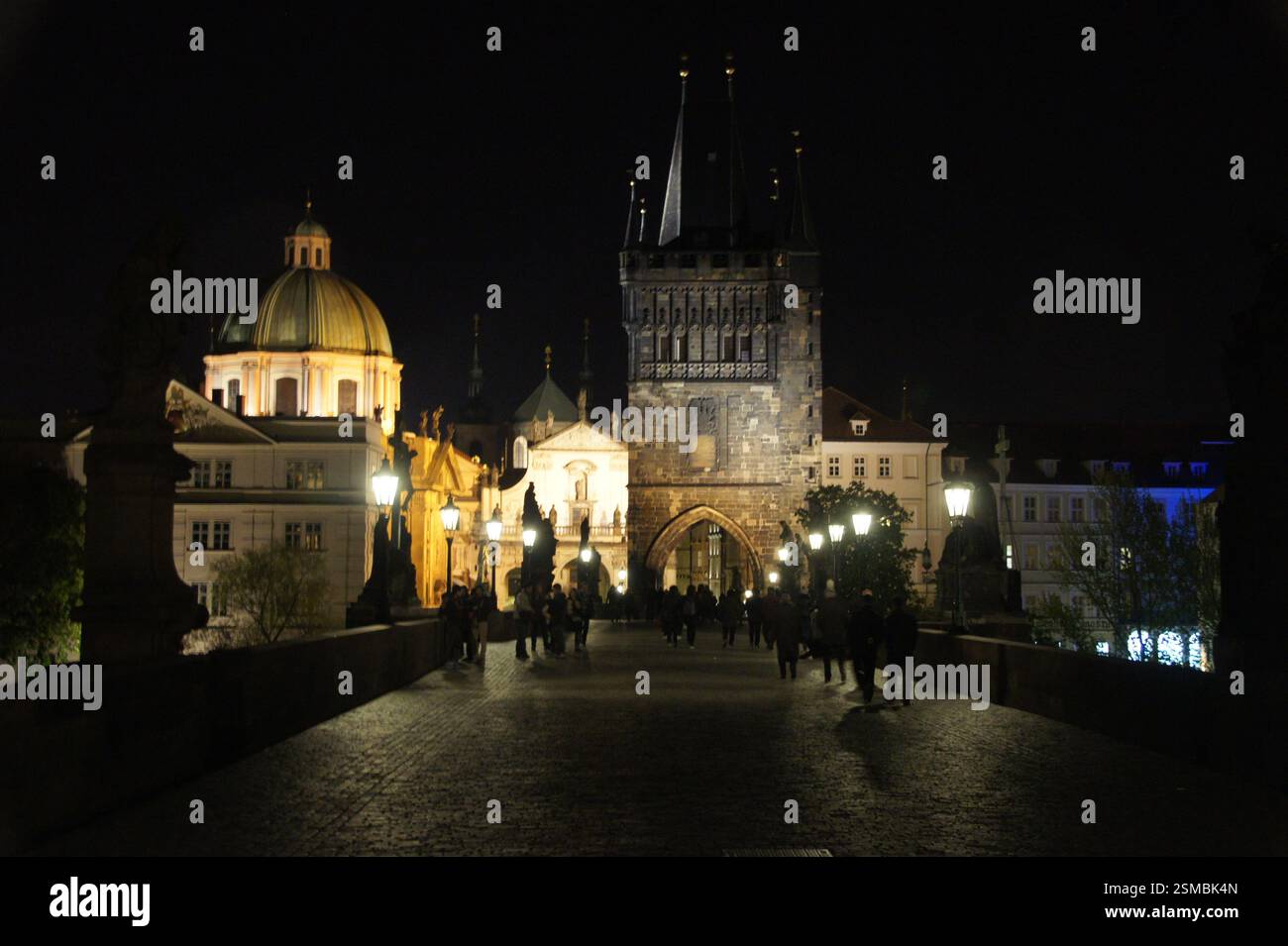 Charles Bridge, Czech Republic, illuminated at night, showcases its ...