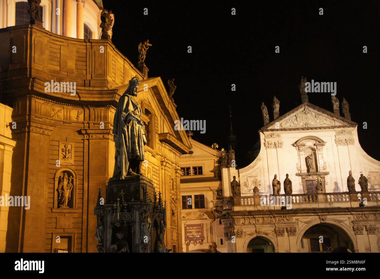 Statue of Charles IV in Prague at night. Baroque architecture ...