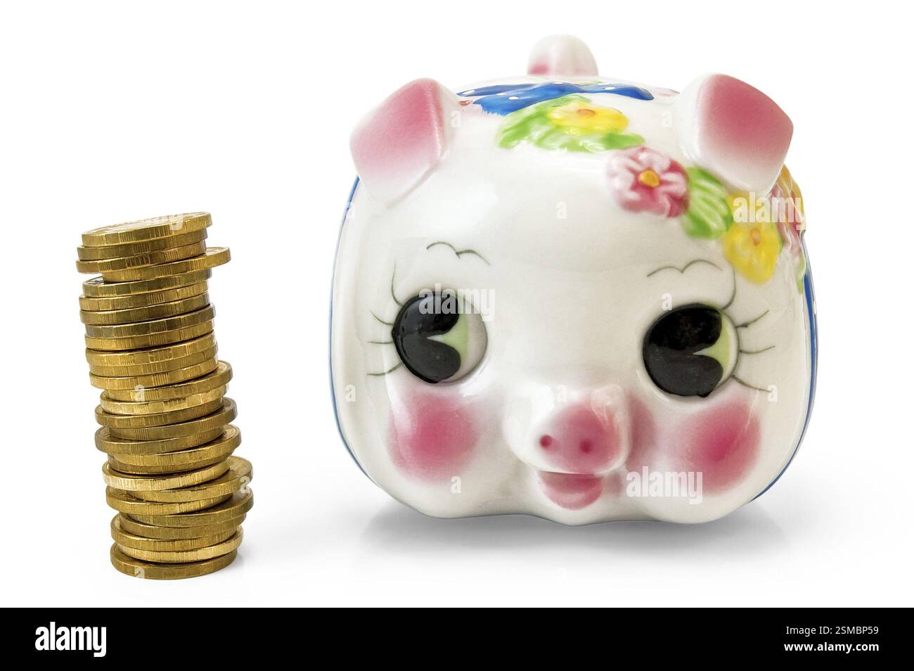 Piggy in the form of a white pig with colorful designs and a column of ...