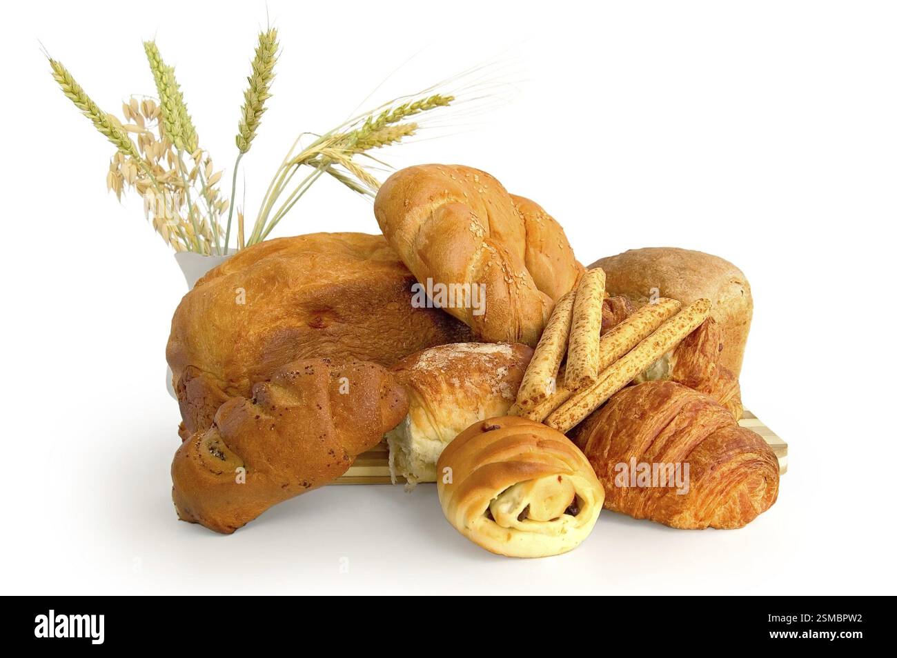 White bread, rolls, croissant, bread sticks, stalks of wheat, rye and ...