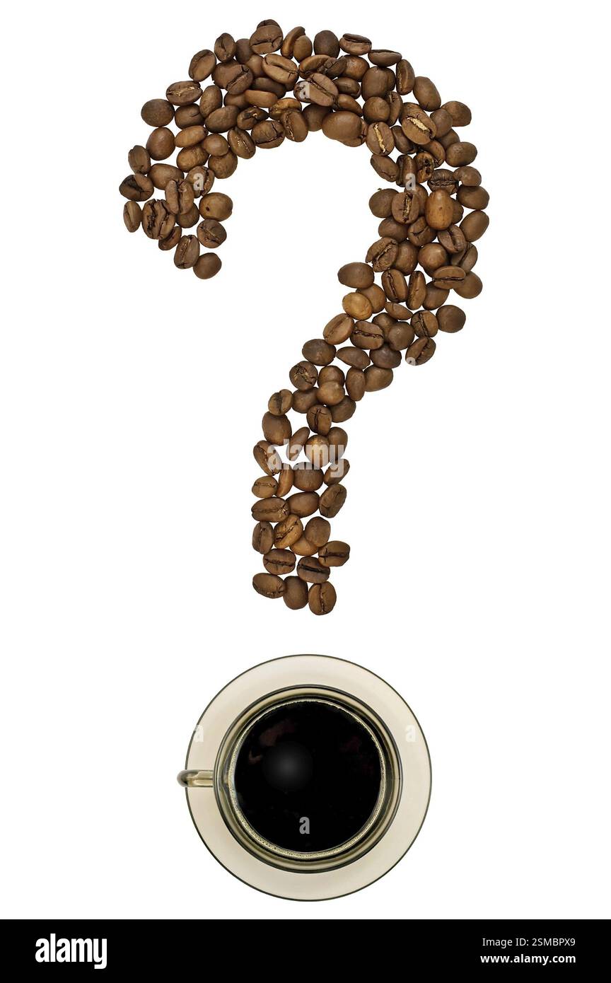 Question mark of coffee beans with a cup of drink on top isolated on ...