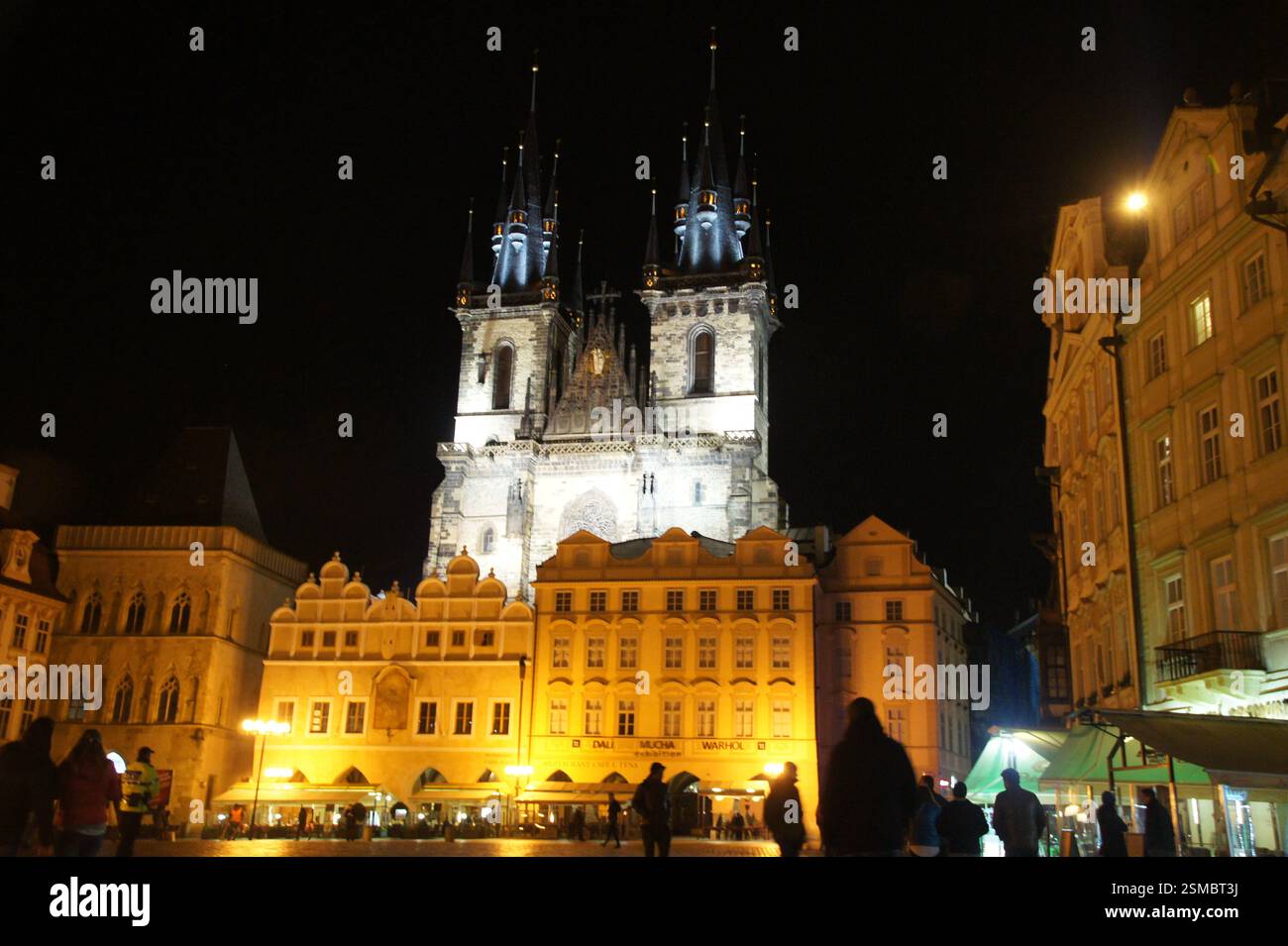 Old Town Square, Prague. Gothic church with two towers. Astronomical ...