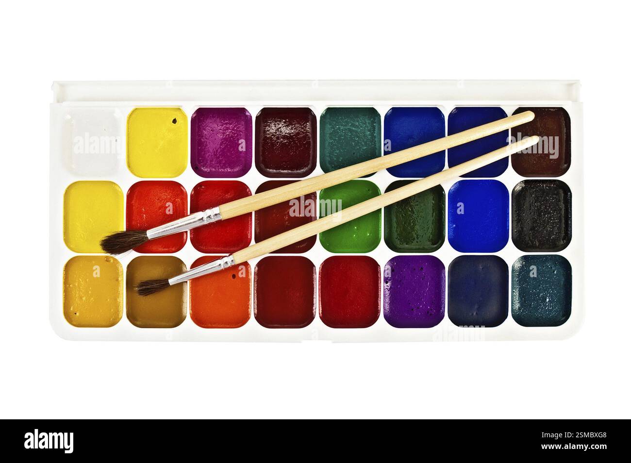 Paintbox twenty four colors and two brushes isolated on white background Stock Photo - Alamy