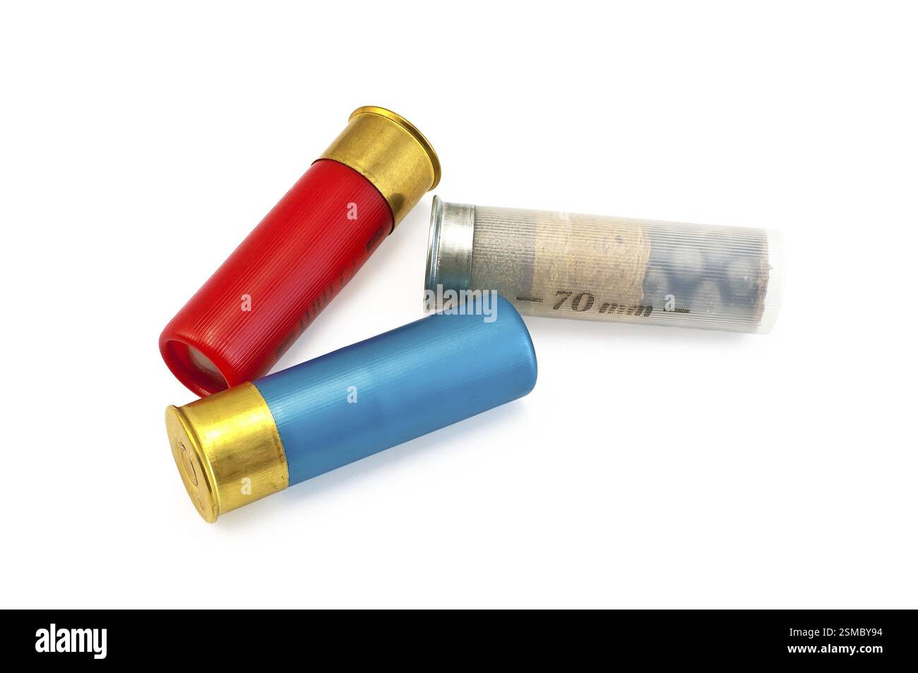 Three bullets for a gun, red, blue and white isolated on white ...