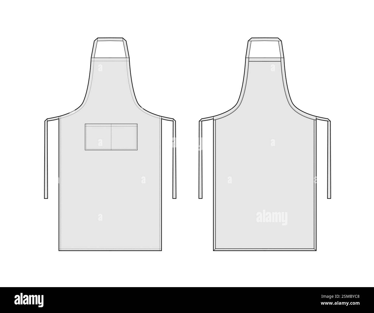 Set of Long Bib Aprons technical fashion illustration. Chef uniform for ...