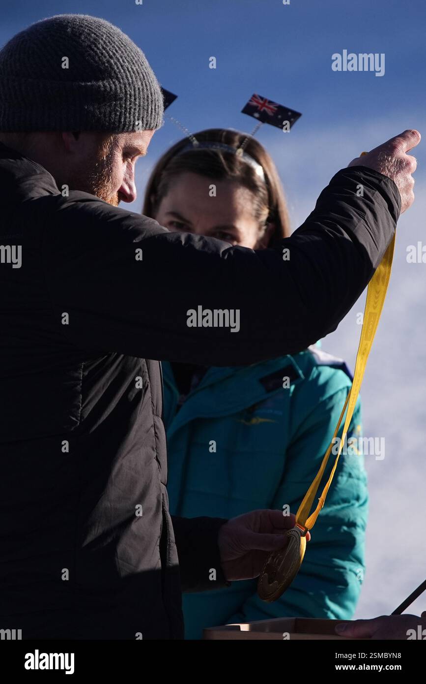 The Duke of Sussex presenting a medal for the women’s snowboarding ...