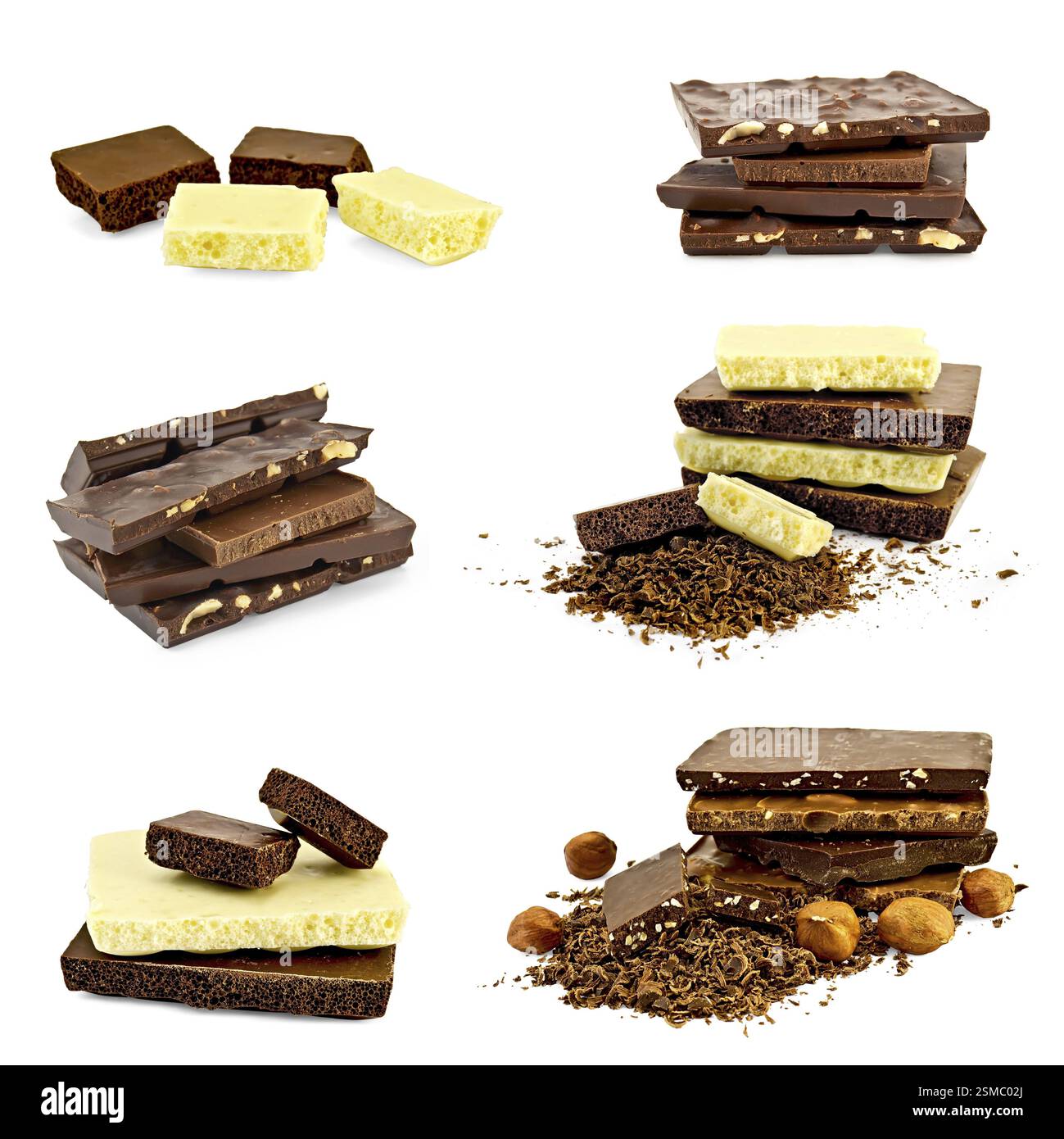 A stack of different chocolates, lots of grated chocolate, slices of ...