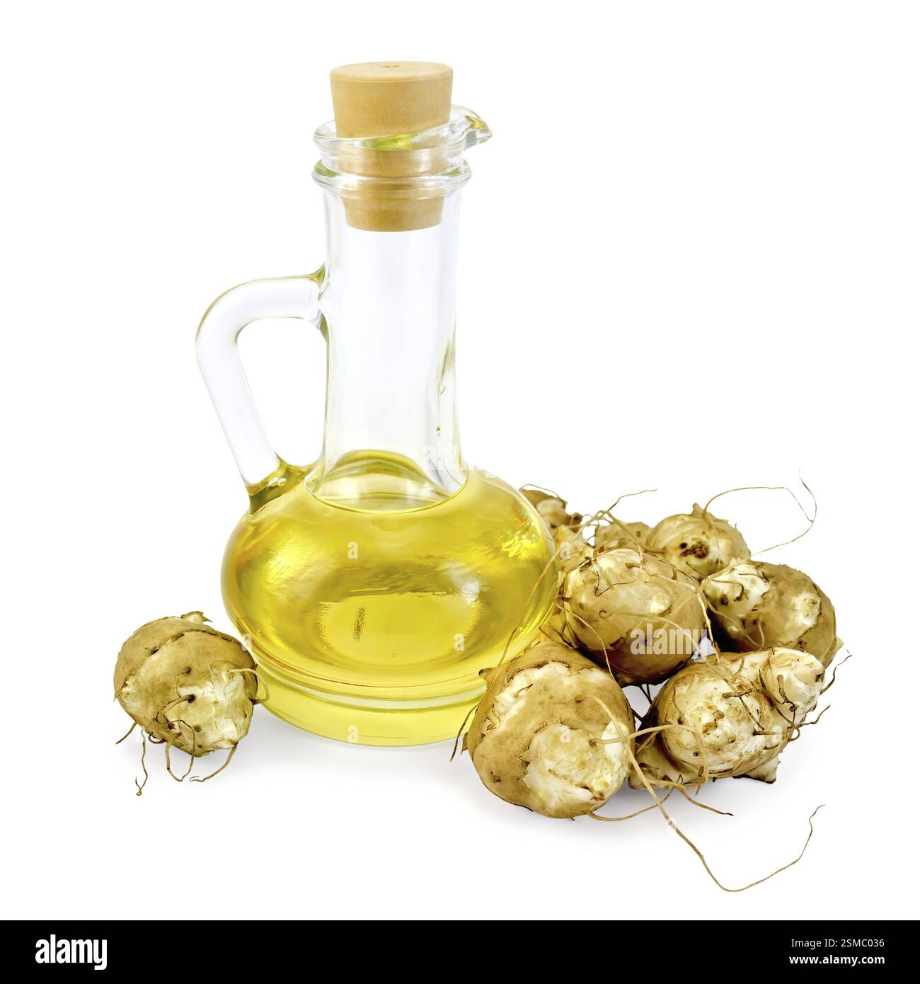 Jerusalem artichoke, carafe with vegetable oil isolated on white ...