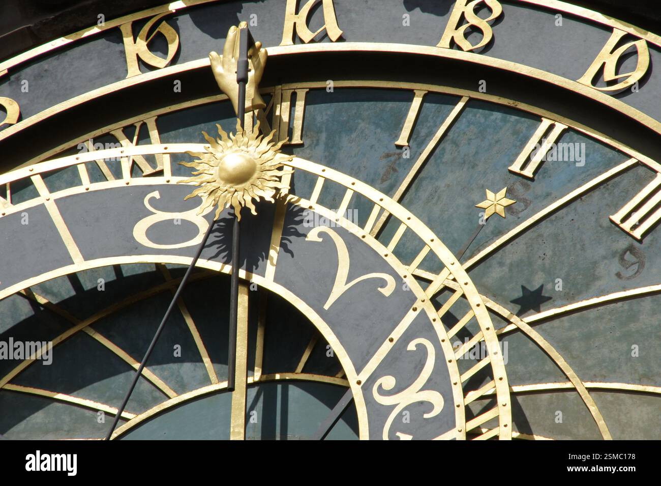 Prague Astronomical Clock. Detailed astronomical clock face. Golden sun ...