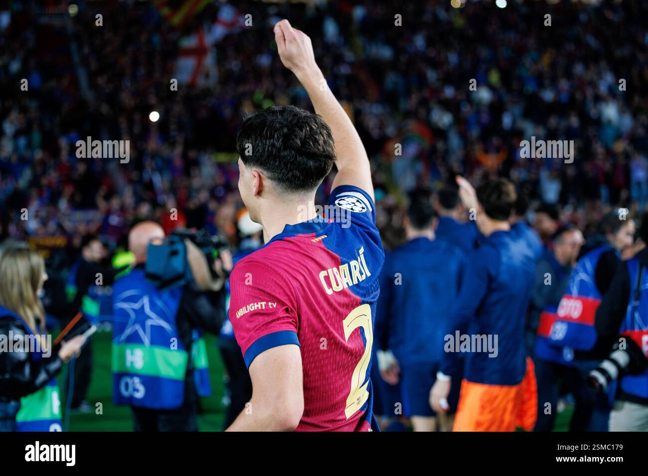 Barcelona, Spain. 23rd Oct, 2024. Pau Cubarsi celebrates with the fans ...