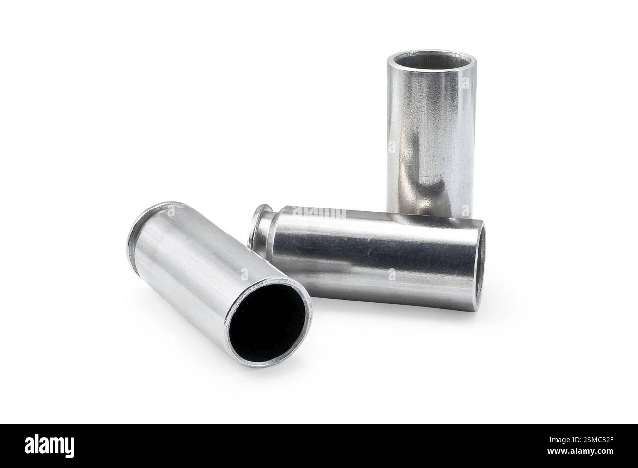 Three bullets from a traumatic arms isolated on a white background ...