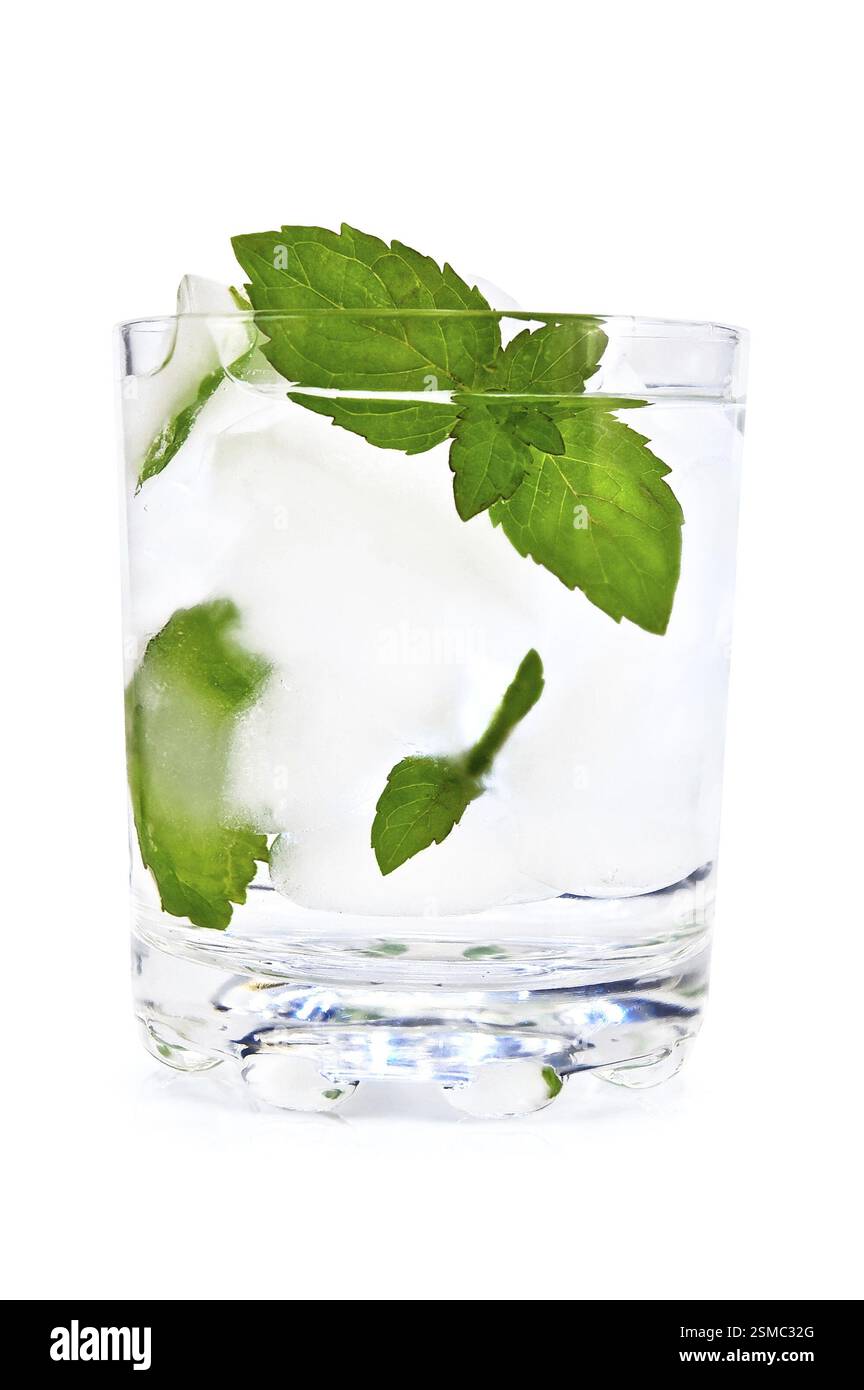 Ice water and mint in a glass beaker is isolated on a white background ...
