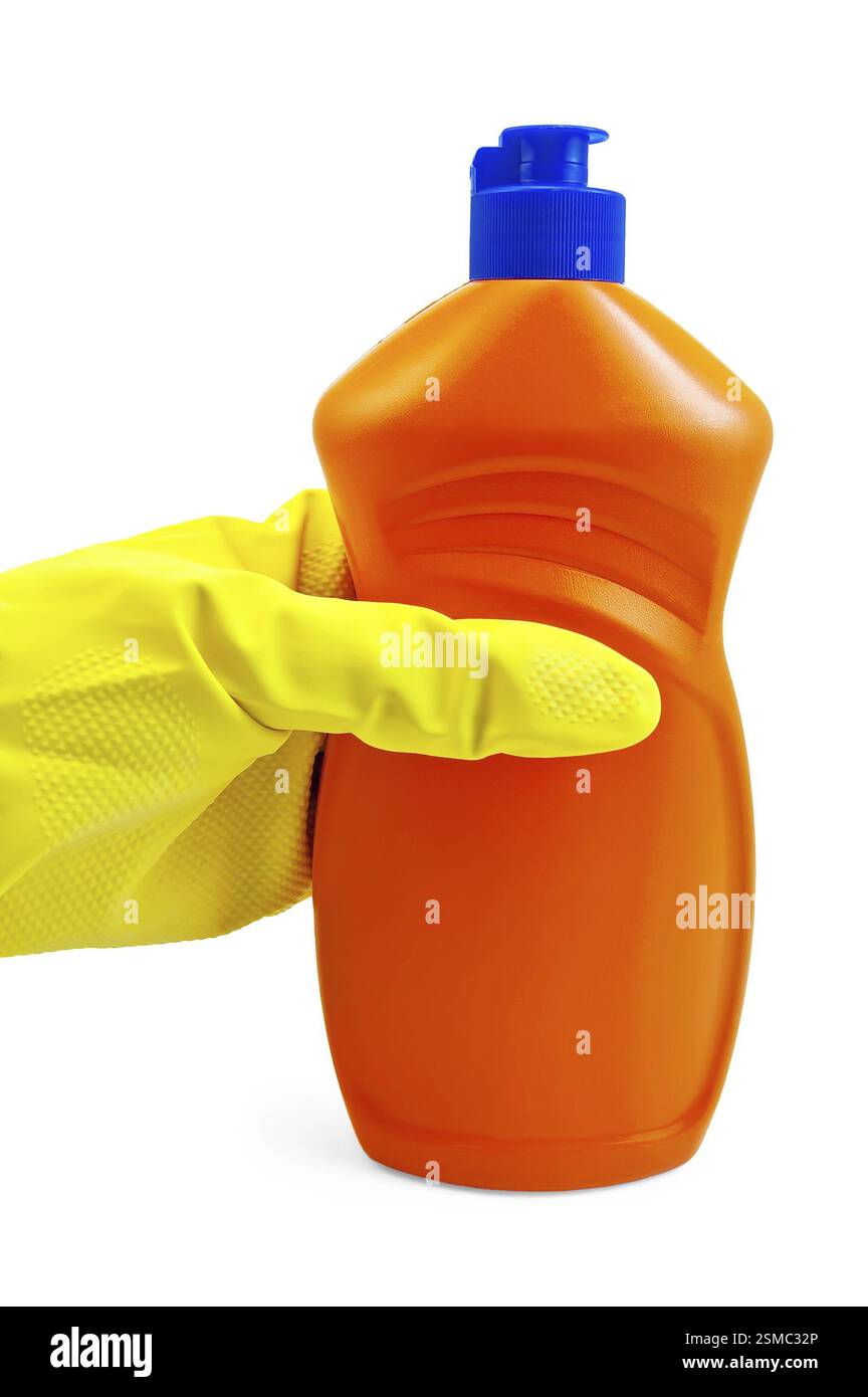 A bottle of orange with a detergent, hand in glove yellow isolated on a ...