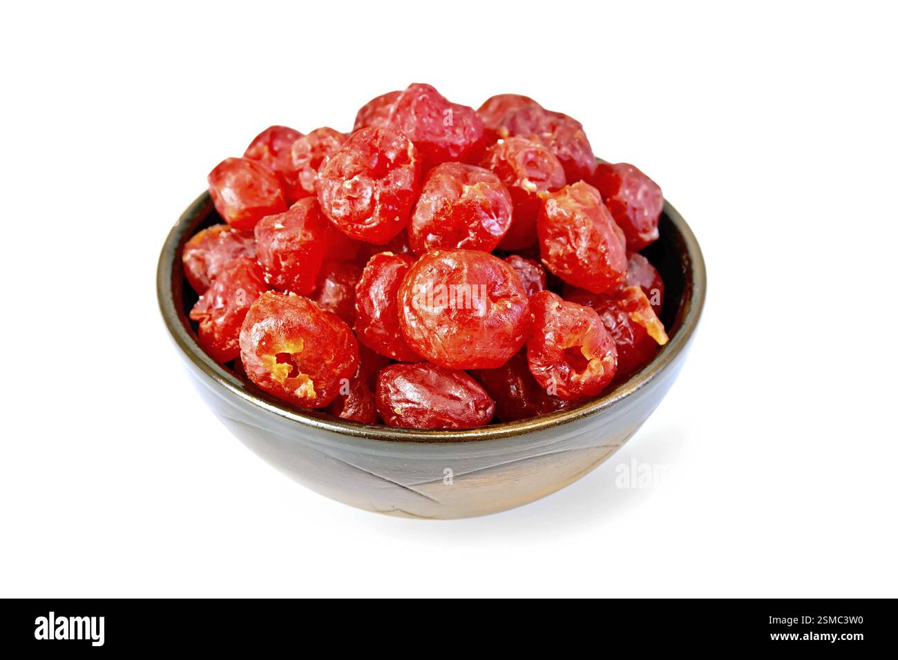 Major dried candied cherries in a bowl isolated on white background ...