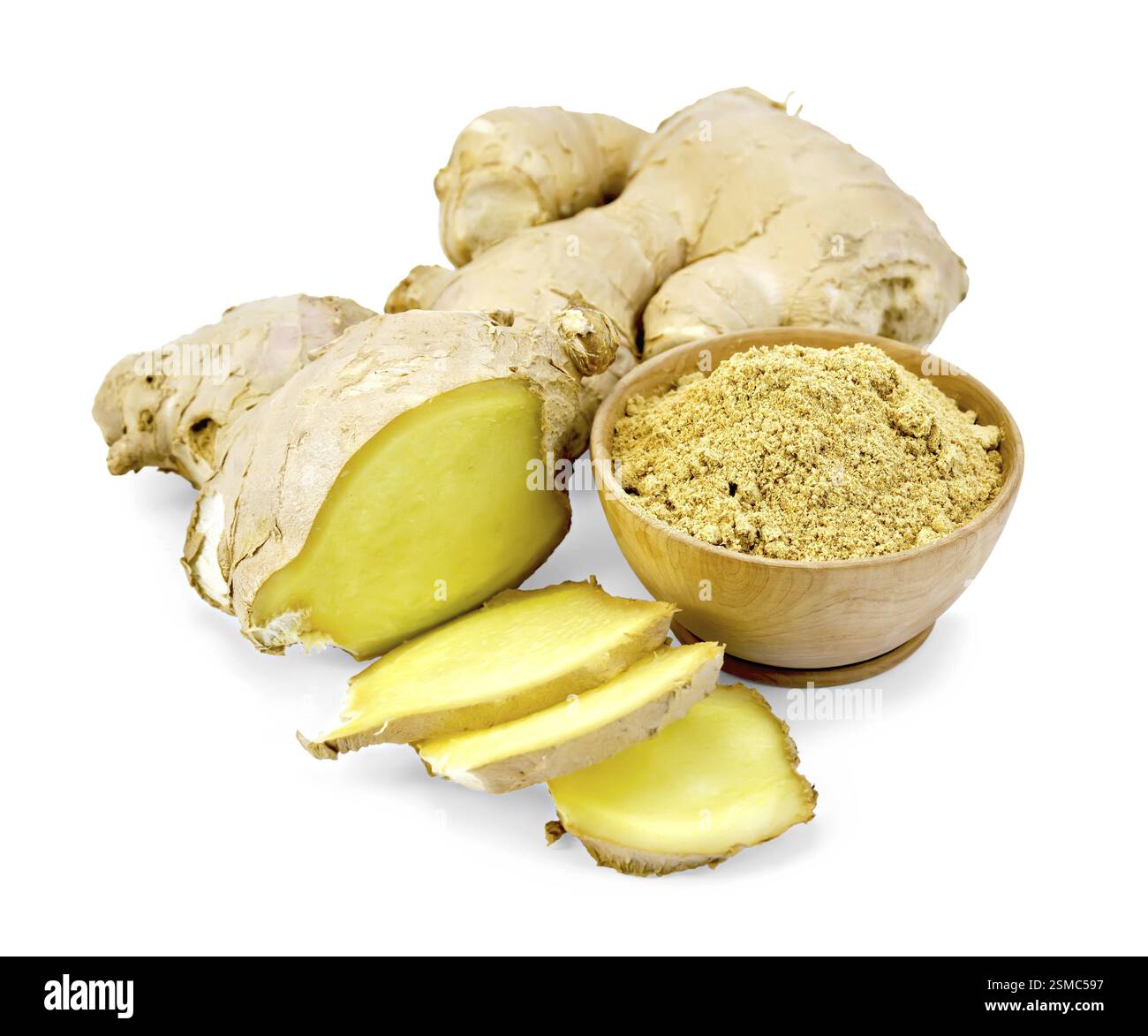 Wooden bowl with ginger powder, chopped ginger root isolated on white ...