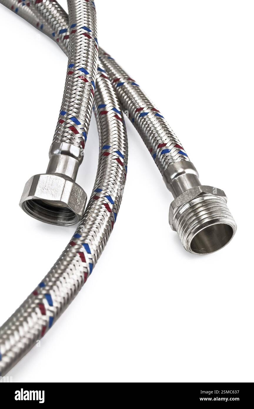 Taps silver metal hose with connecting nuts isolated on white ...