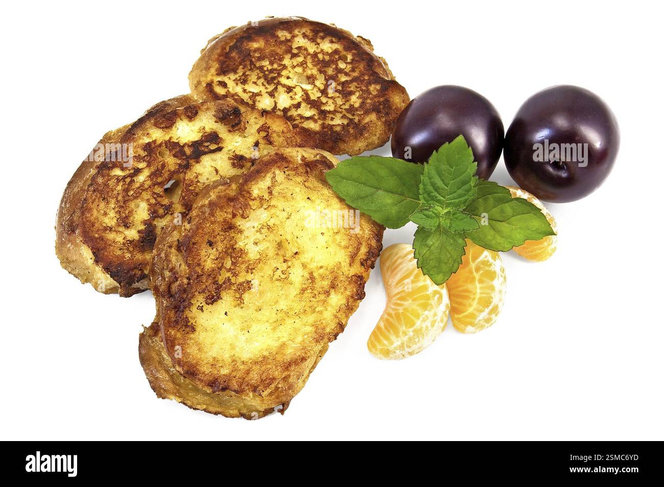 Three golden fried toast, two plums, three segments of mandarin, mint ...