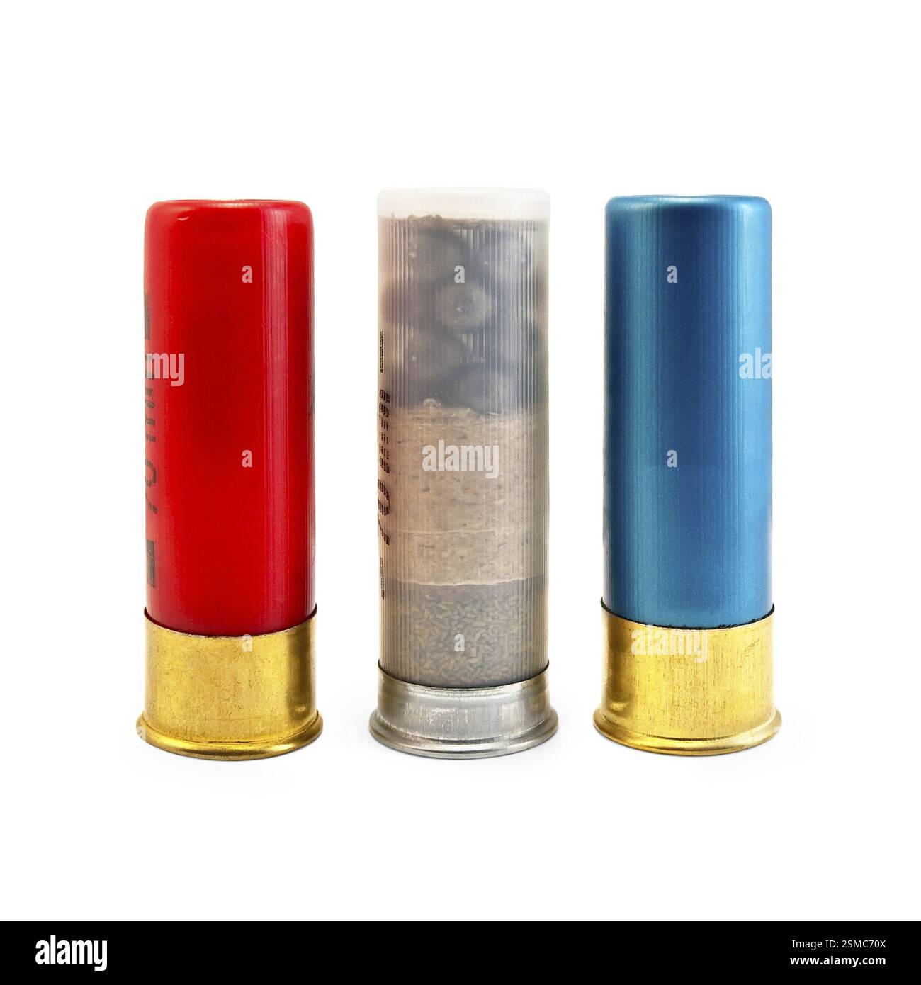 Three ammunitions for the shotgun, red, blue and white isolated on white background Stock Photo ...