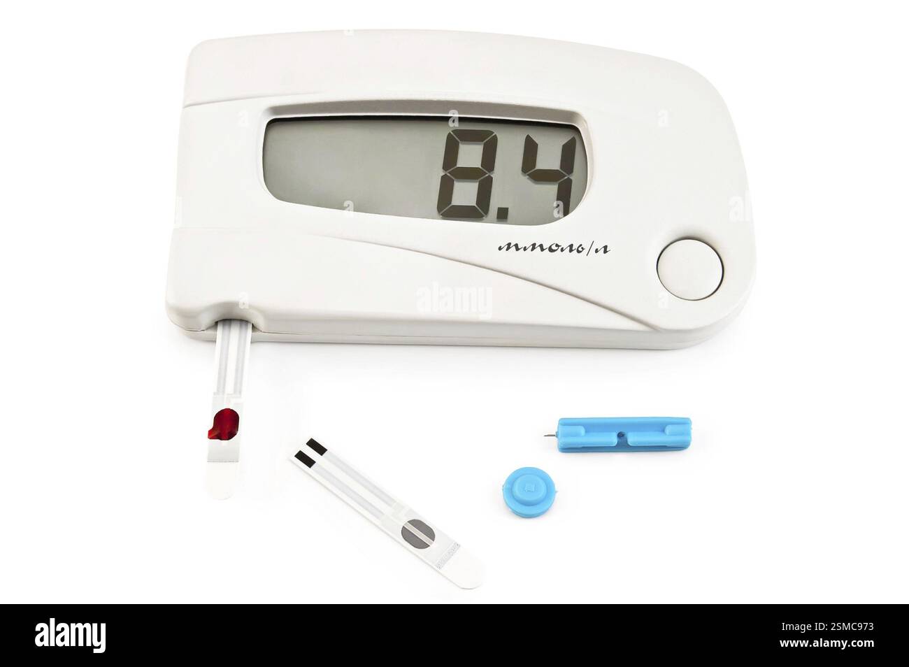 White instrument for measuring glucose levels with test strips, a drop ...