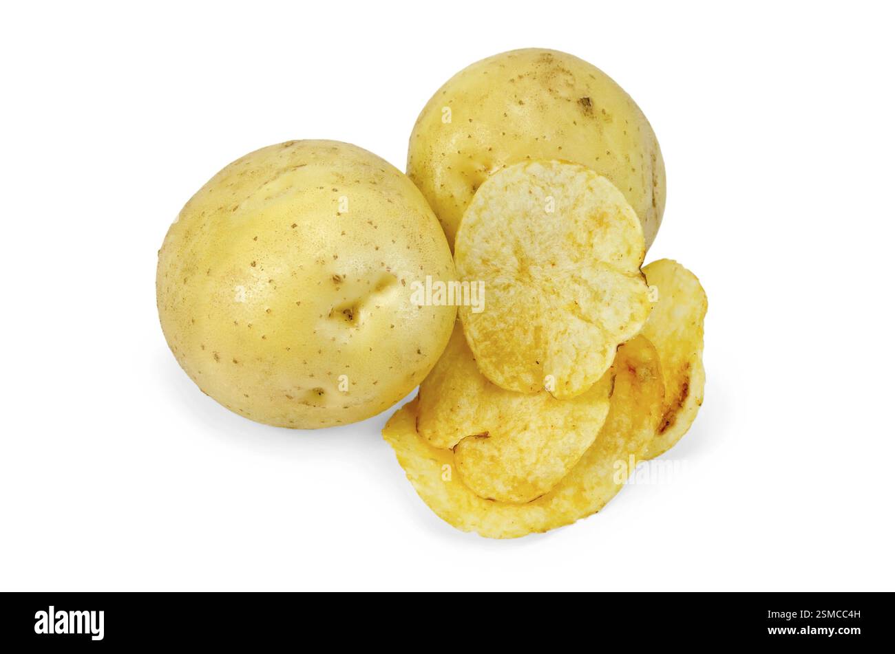Two yellow potatoes, potato chips isolated on white background Stock ...