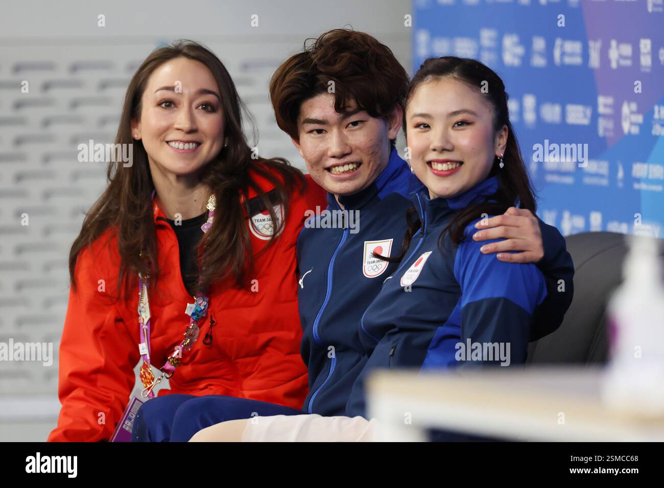Harbin, China. 12th Feb, 2025. (L to R) Cathy Reed coach, Utana Yoshida ...