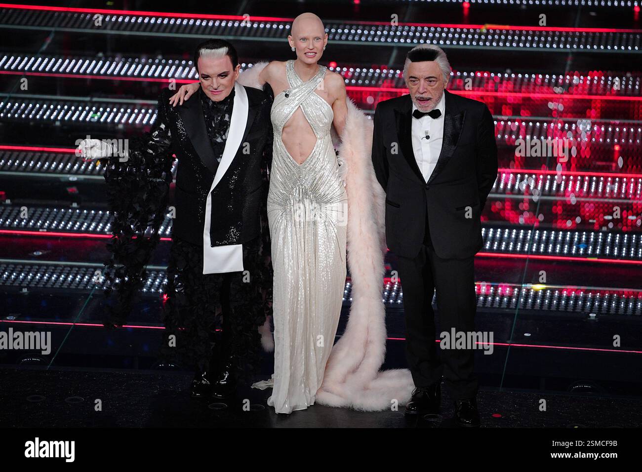 Sanremo, Italia. 12th Feb, 2025. Carlo Conti, Bianca Balti, Cristiano ...