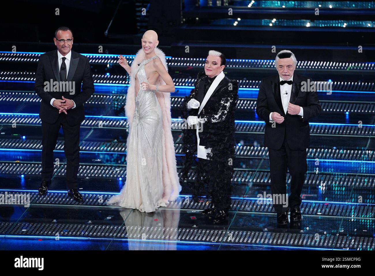 Sanremo, Italia. 12th Feb, 2025. Carlo Conti, Bianca Balti, Cristiano ...