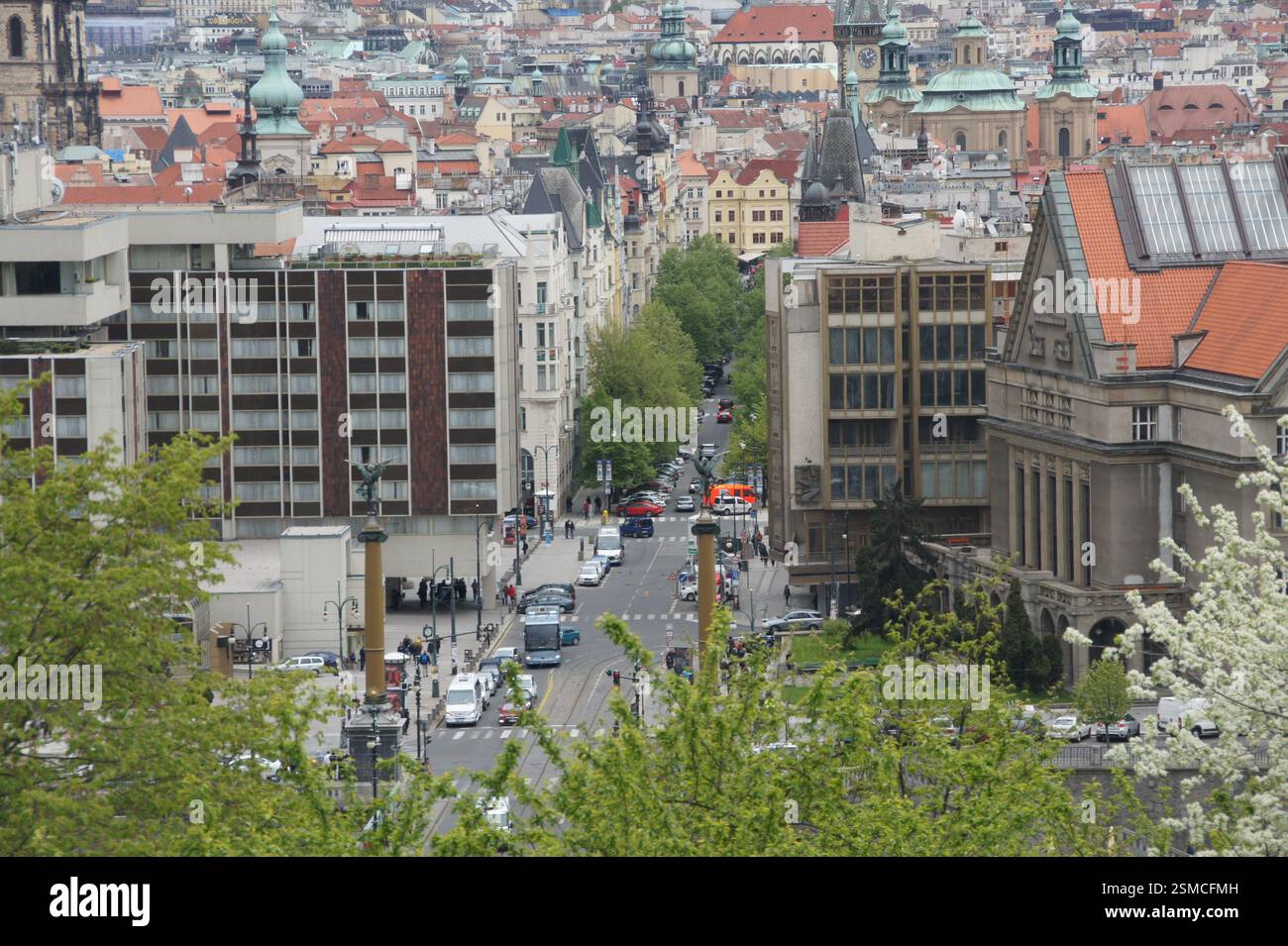 Aerial view of Wenceslas Square in Prague, Czech Republic. The wide ...