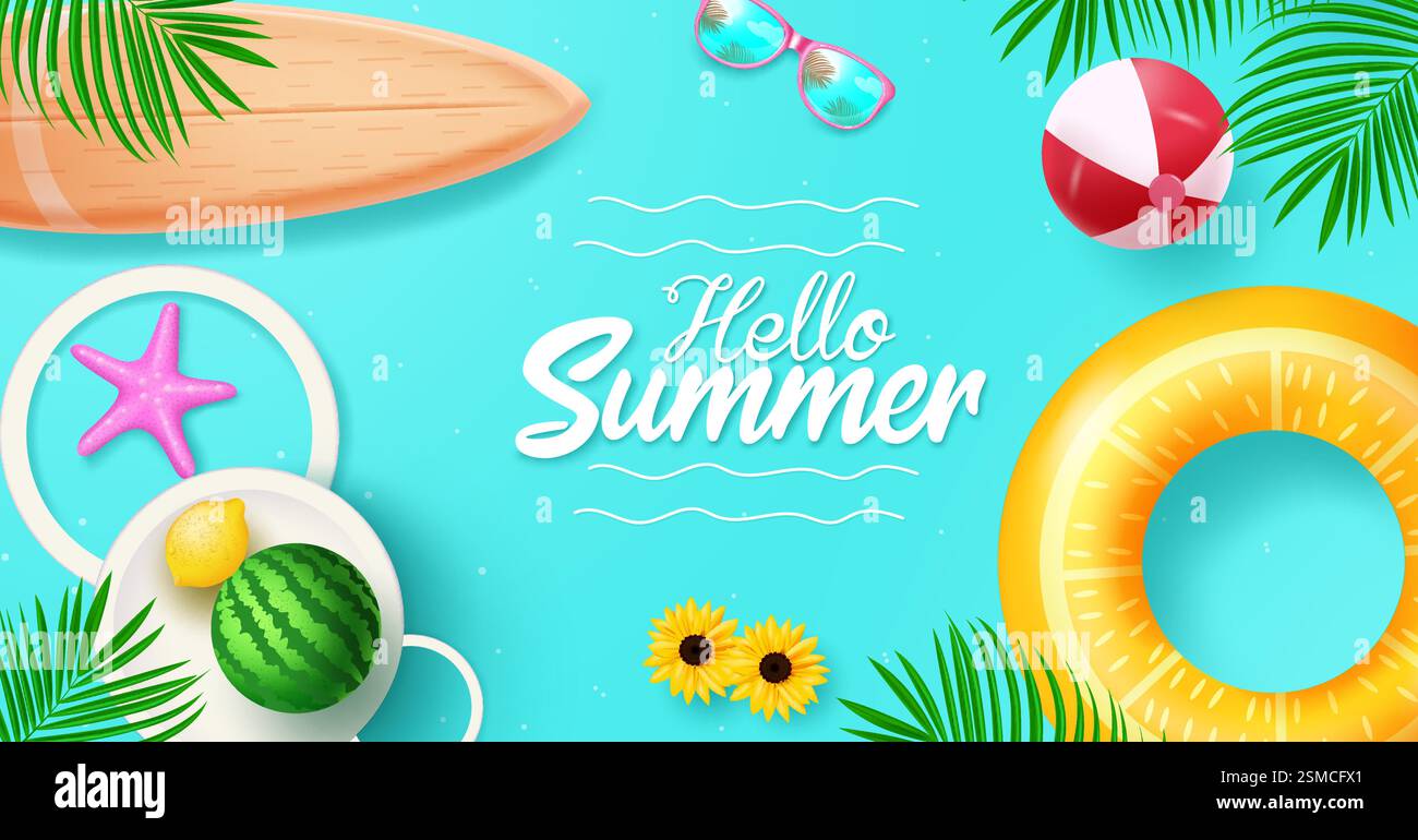 Summer hello text vector design. Summer with floater, beachball and surfboard beach elements ...