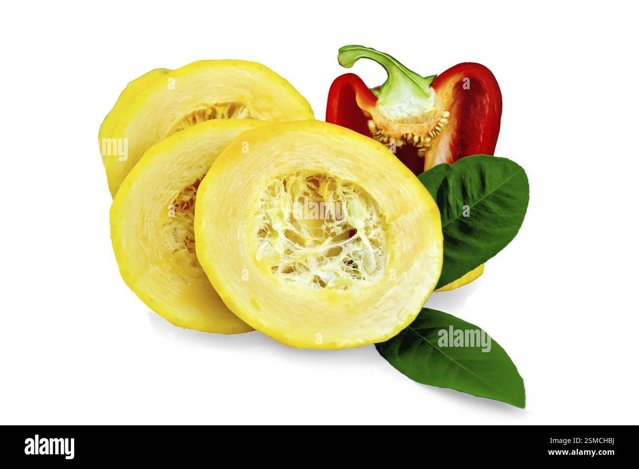 Ripe yellow squash cut into slices with two green leaves of lemon, red ...