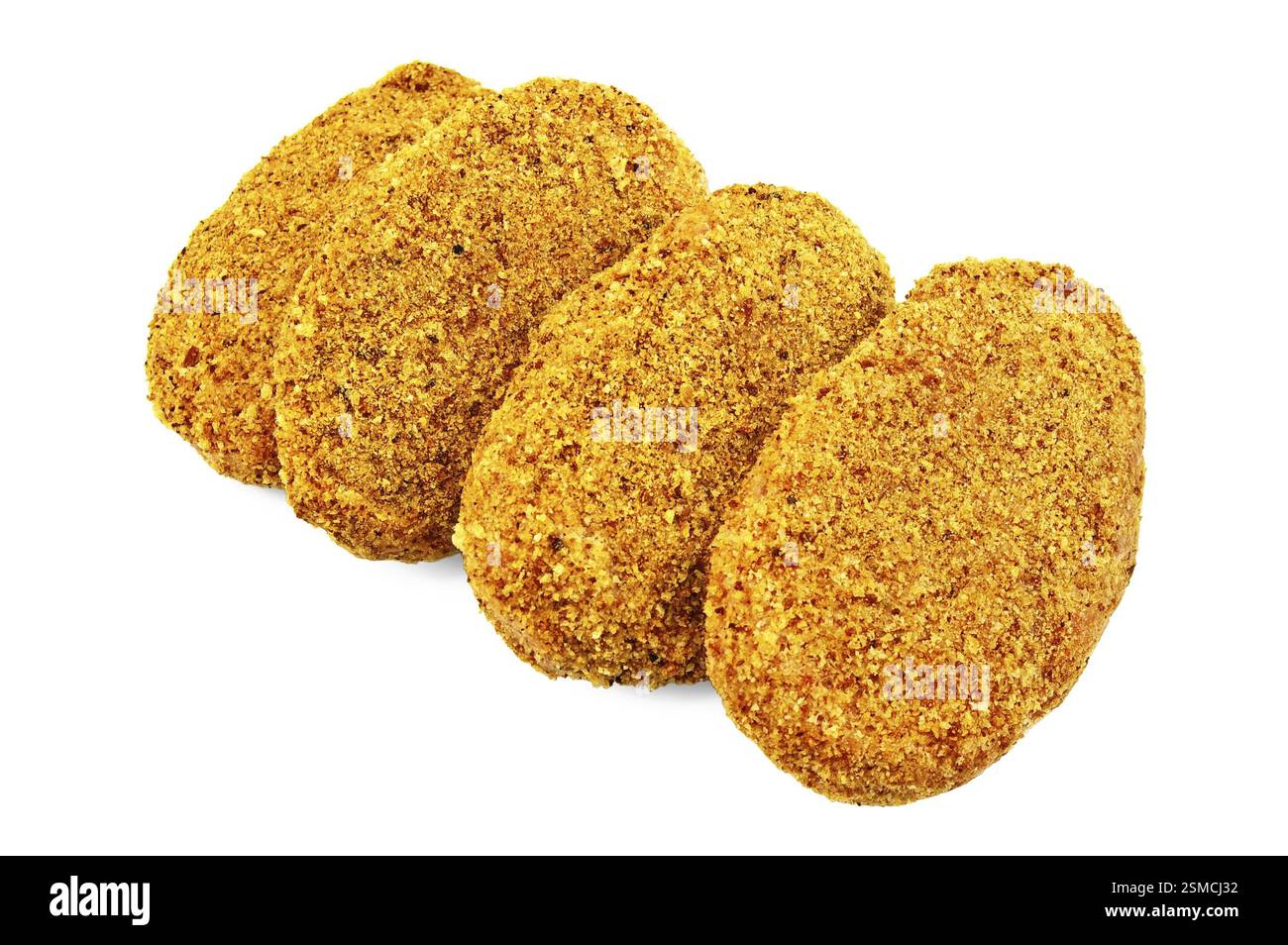 Four frozen chicken cutlets breaded in bread isolated on white ...