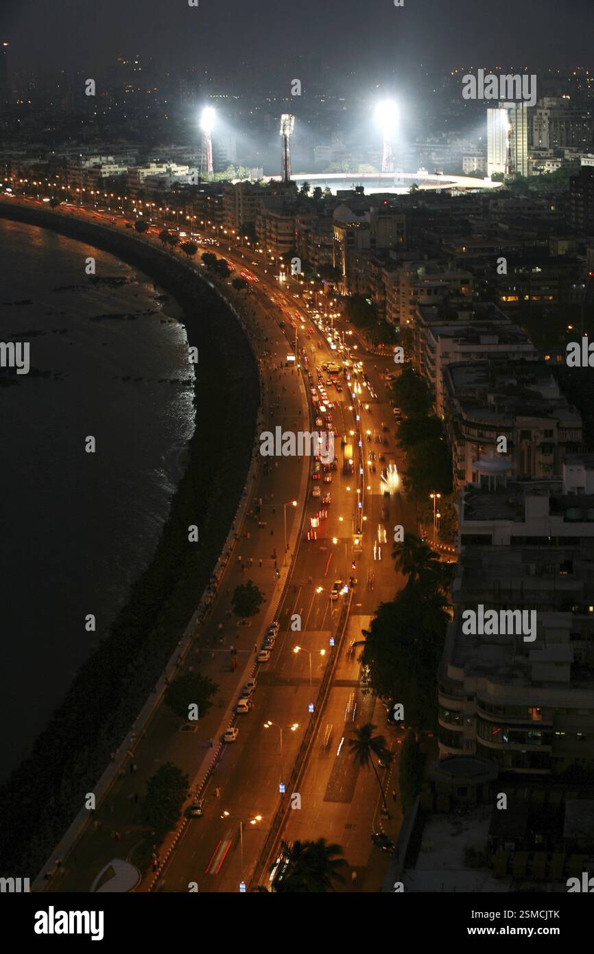 An aerial view of the Marine Drive and Wankhede stadium at night ...