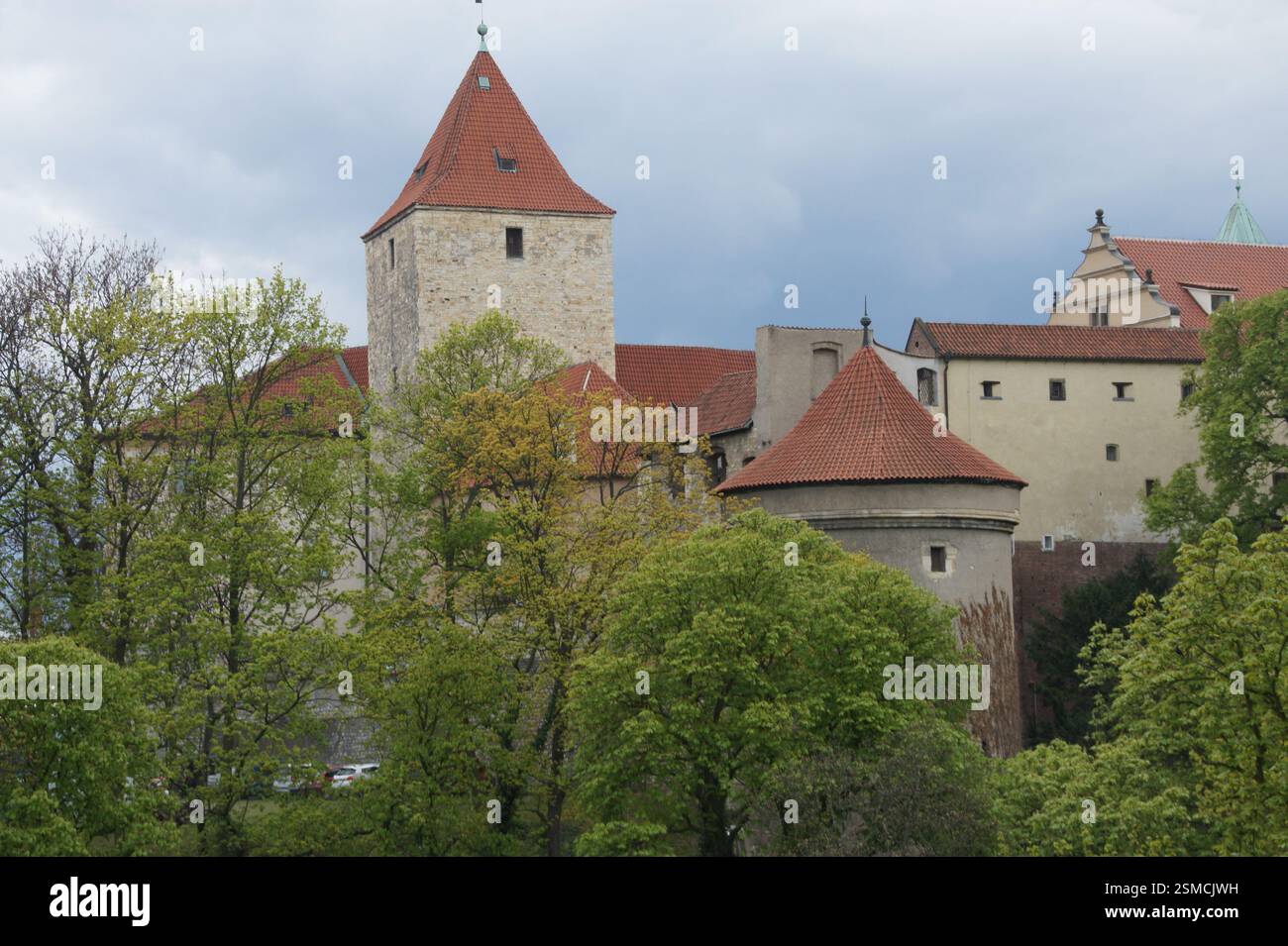 Castle, Czech Republic. Medieval architecture with red-tiled roofs and ...