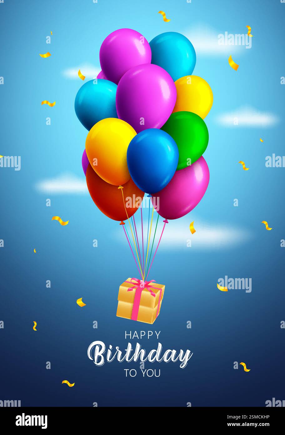 Happy birthday text vector design. Birthday balloons bunch flying and ...