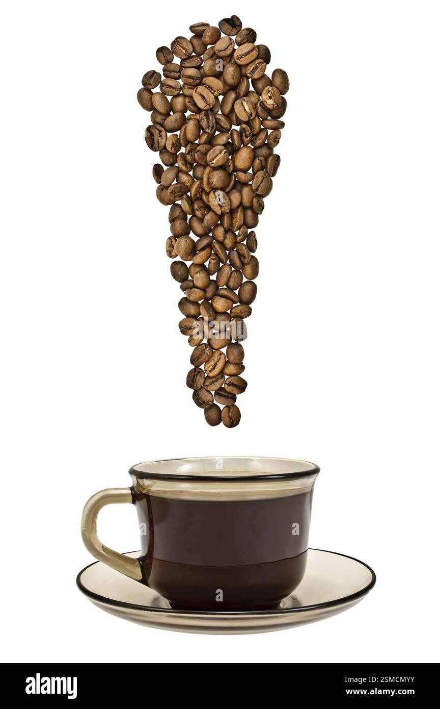 The exclamation point of the coffee beans with a cup of drink isolated ...