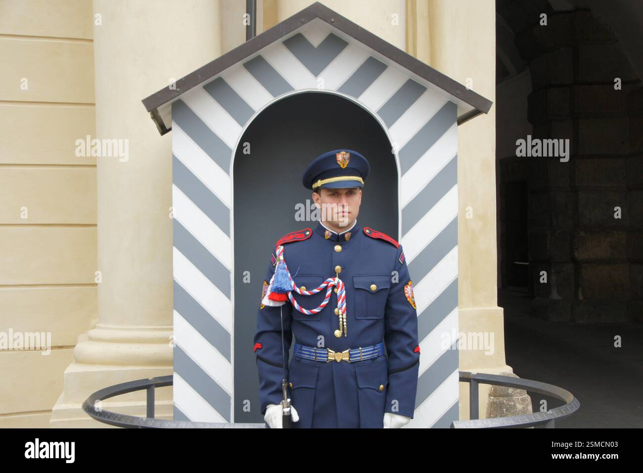 Prague Castle Guard stands guard at the entrance to the castle. They ...
