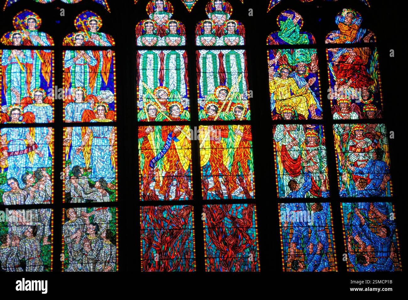 The stained glass window in the Czech Republic depicts religious ...