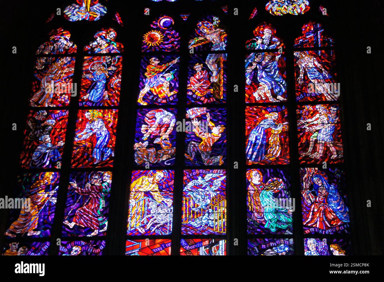 Stained glass window, Czech Republic. Depicts biblical scenes in ...