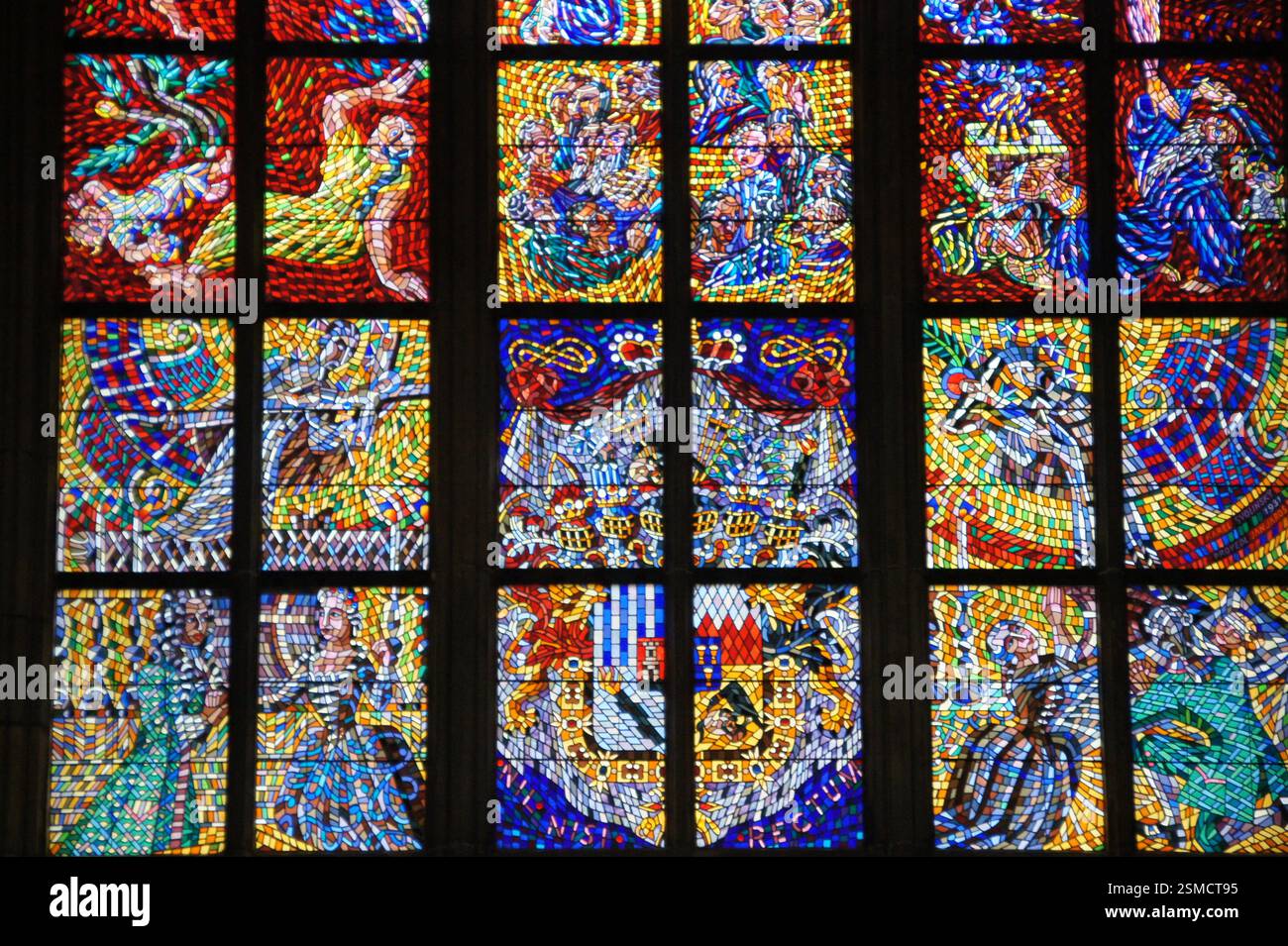 Stained glass window, Czech Republic. Colorful geometric patterns ...