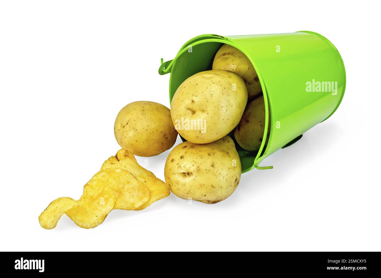 A pile of yellow potato has fall out of the green bucket with potato ...