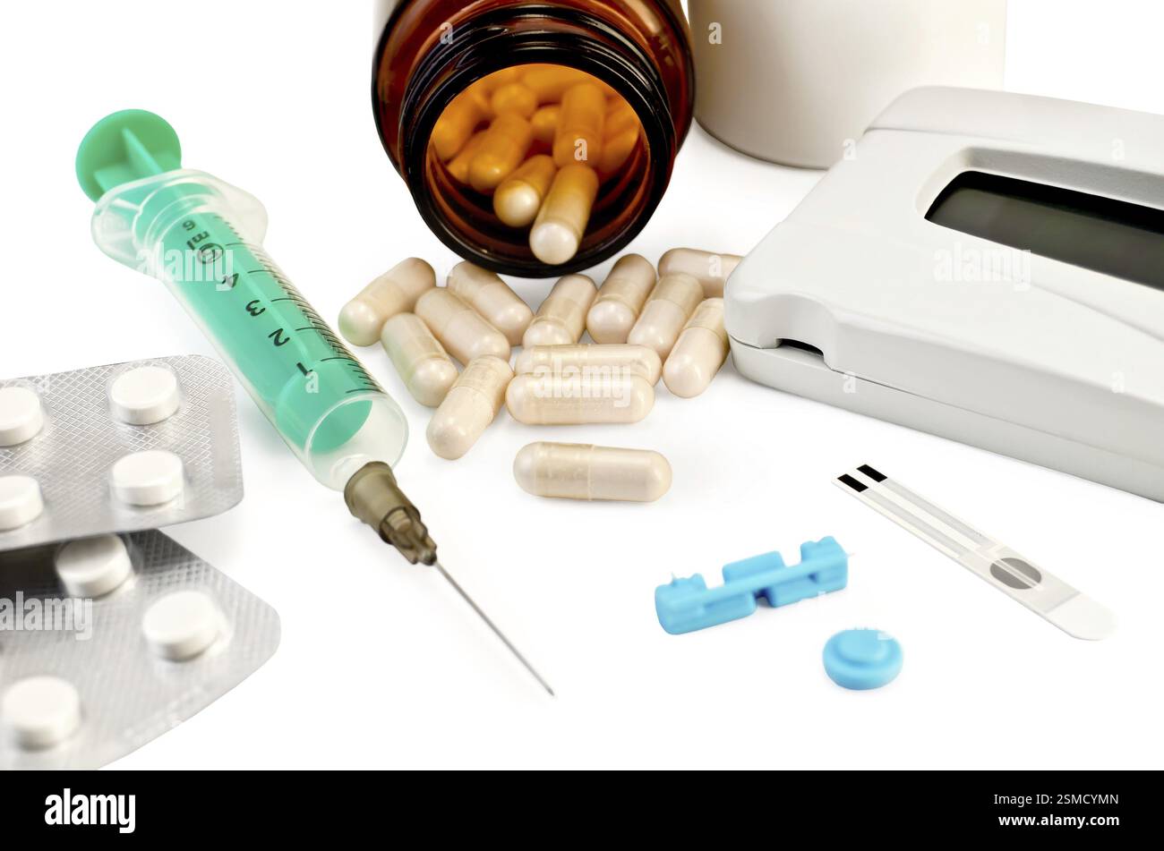 White instrument for measuring blood sugar with test strip, tablets and ...