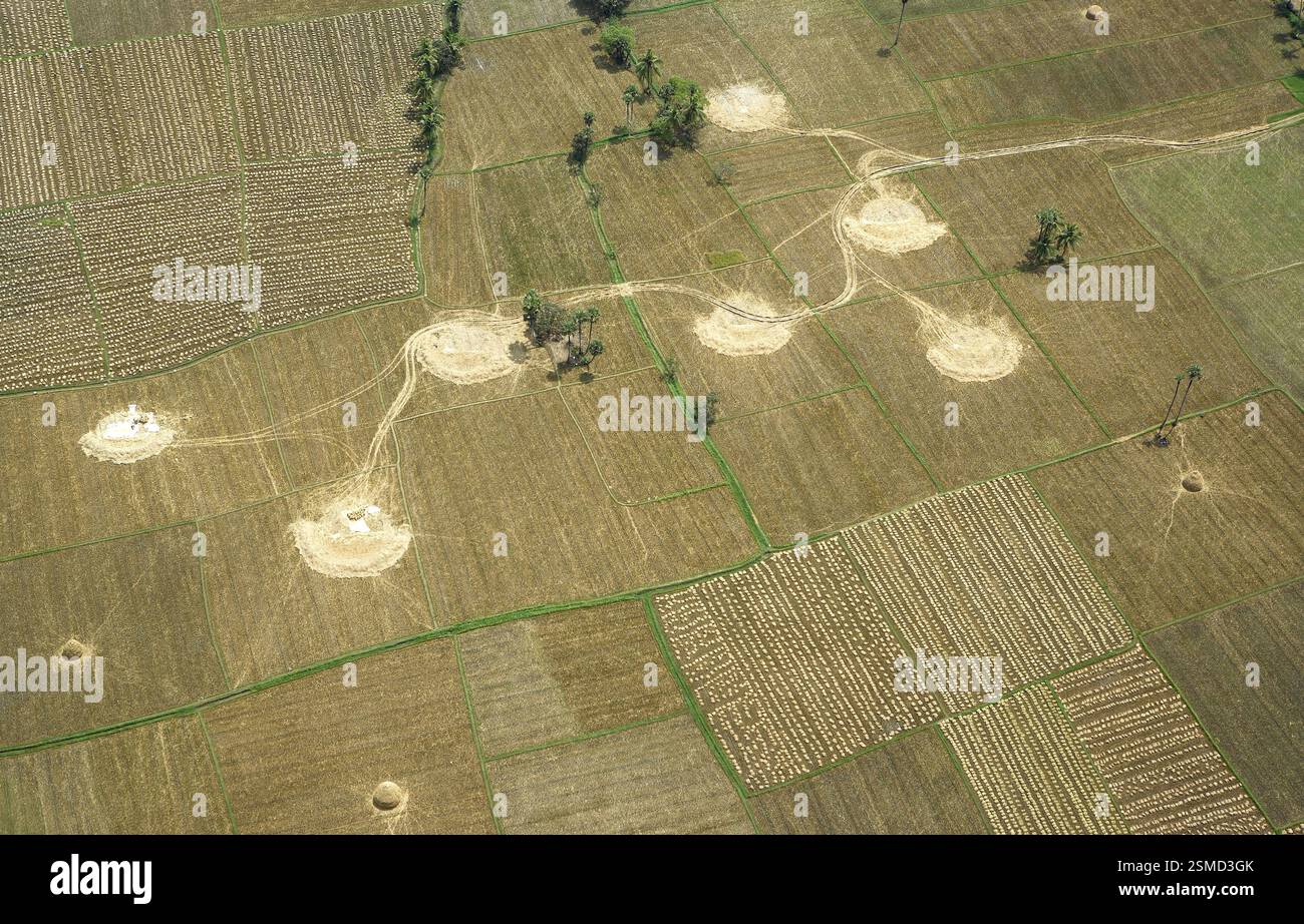 Aerial view of tilled and uncultivated field, Andhra Pradesh, India ...