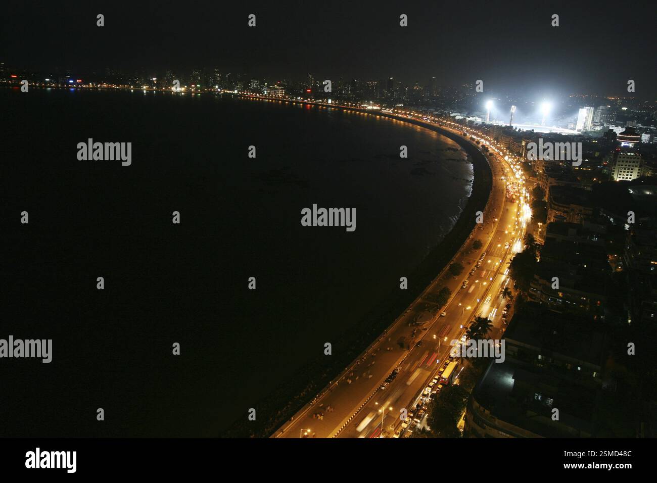 An aerial view of the Marine Drive and Wankhede stadium at night ...