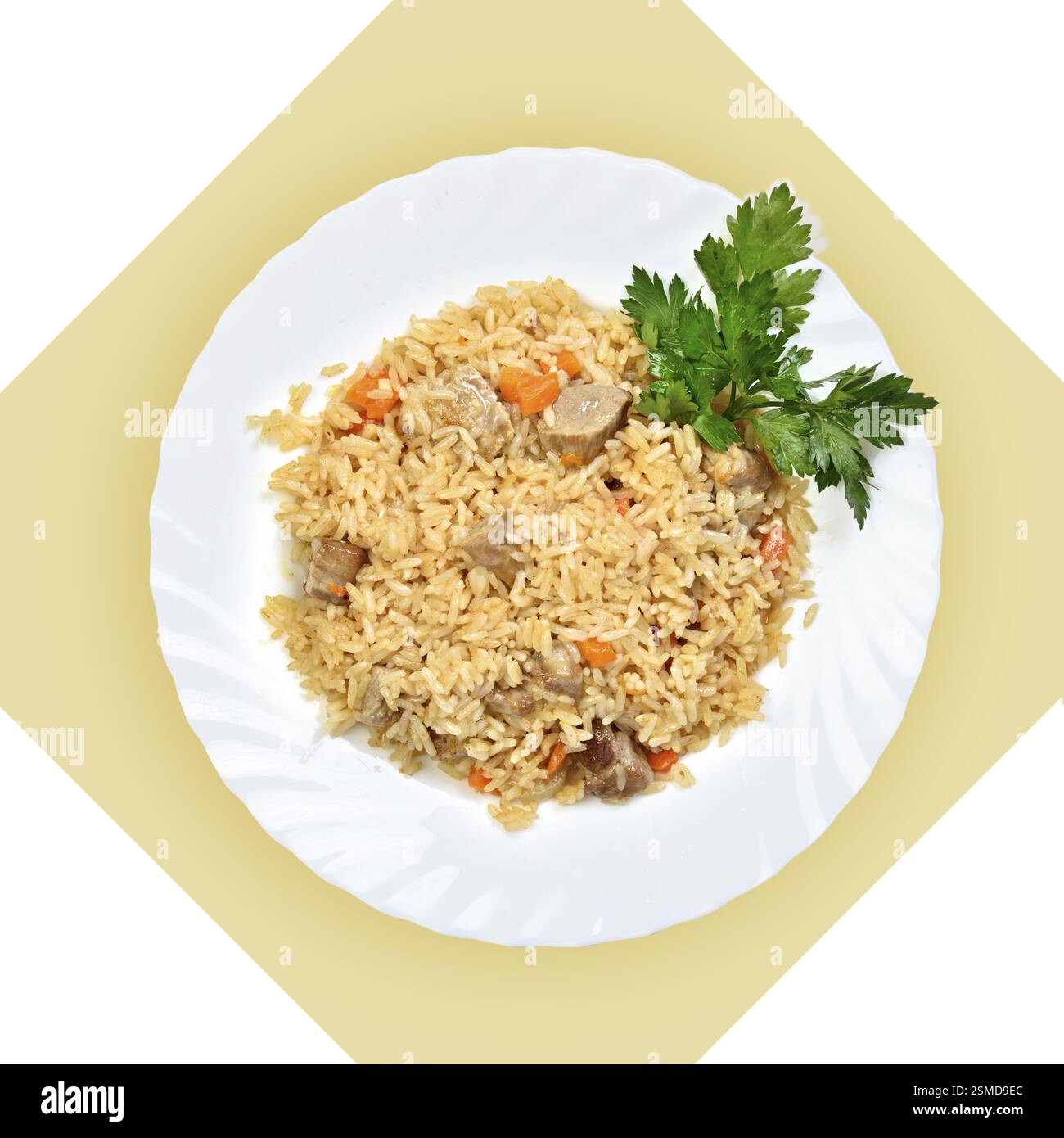 Dish of fried rice with meat (pilaf) on white plate. Isolated image ...