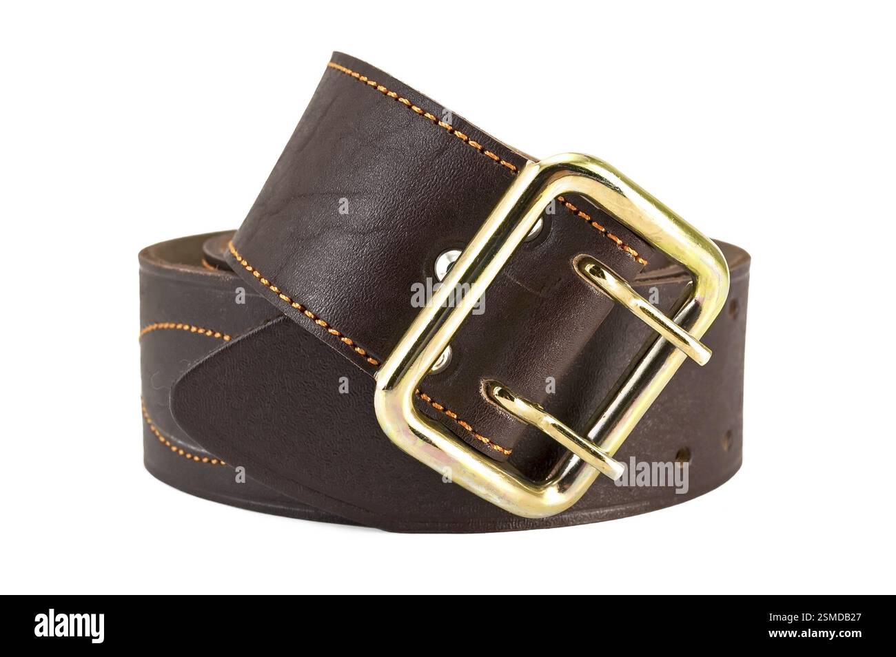 Roll of brown wide belt with shiny yellow buckle isolated on white ...