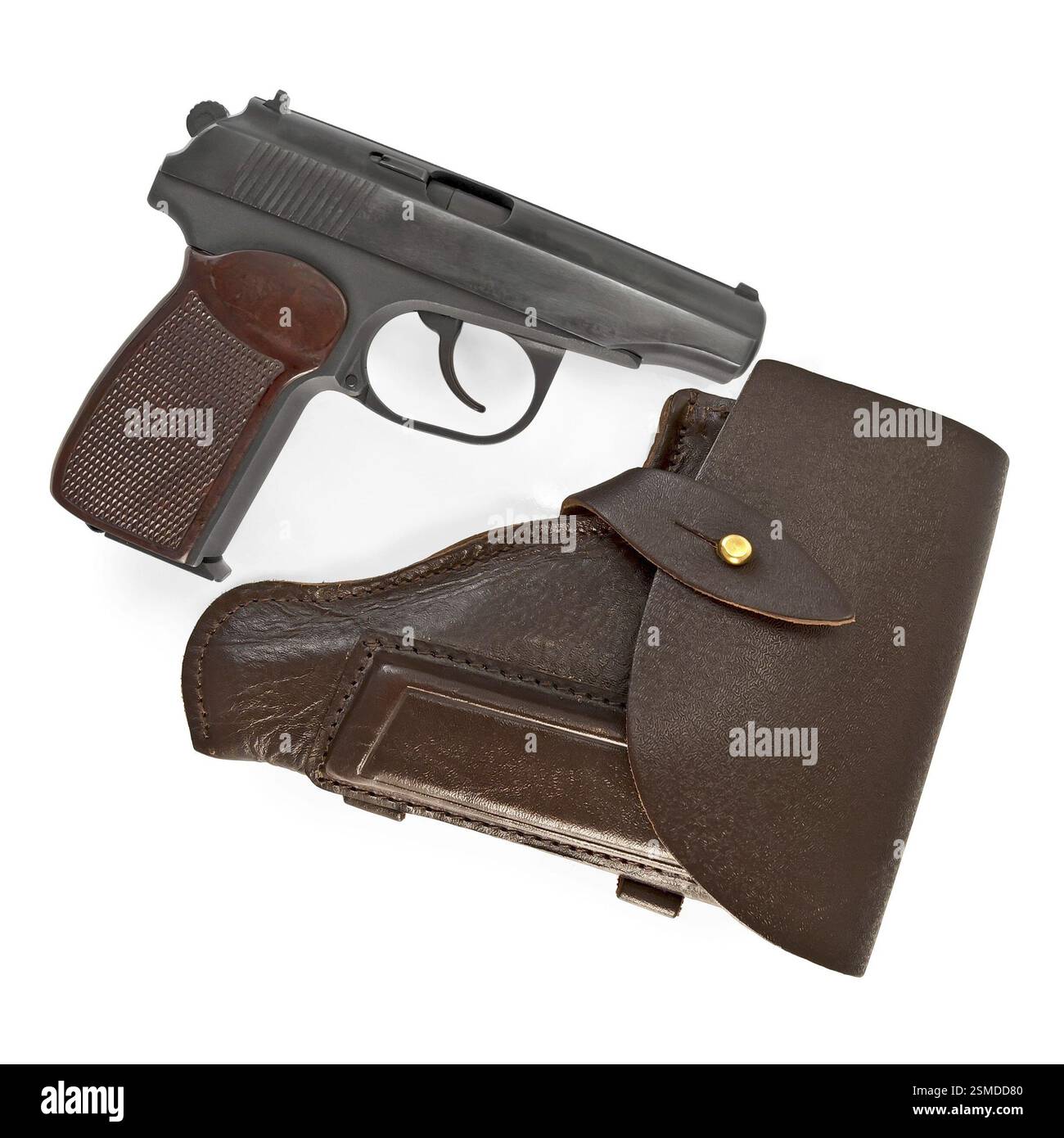 Black pistol with a brown handle and a brown leather holster isolated ...