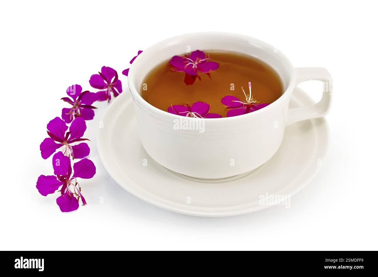 Herbal tea in a white cup with fireweed, fireweed pink flowers on a ...